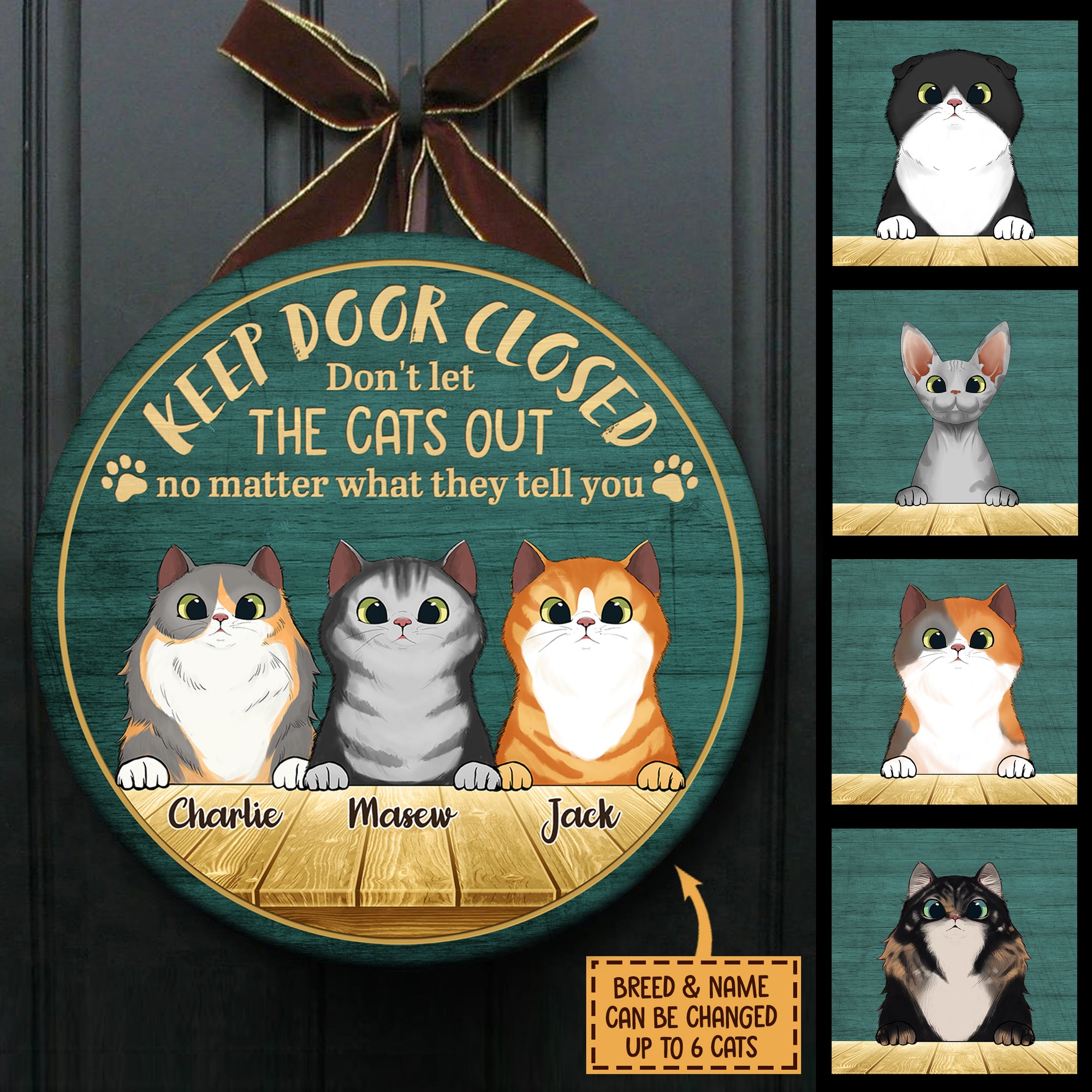 Peeking Cat - Keep Door Closed - Funny Personalized Cat Door Sign ...
